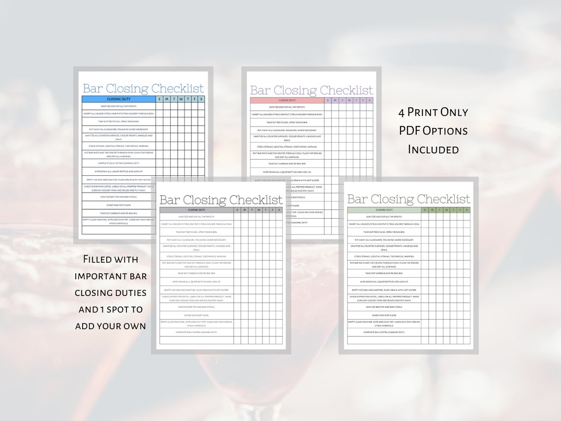 Bar Closing Checklist Restaurant Bar Cleaning List Bar - Etsy