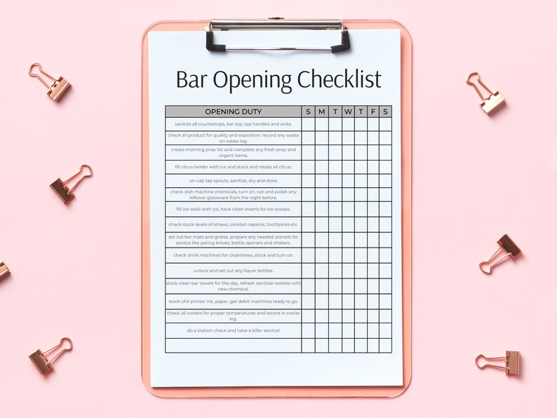 Bar Opening Checklist Restaurant Bar Cleaning List Bar - Etsy