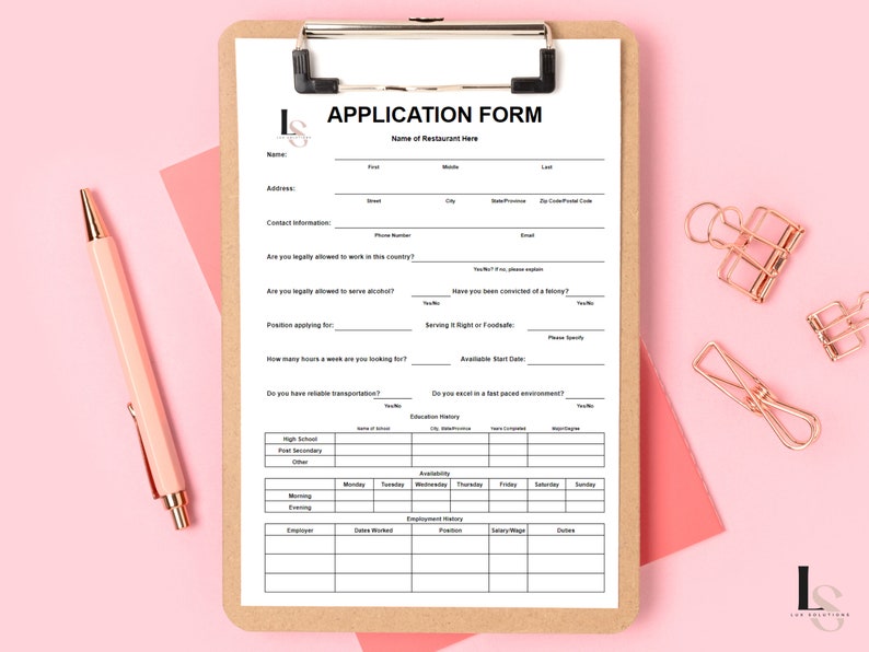 Restaurant Application Form, Editable Application Template, Microsoft ...