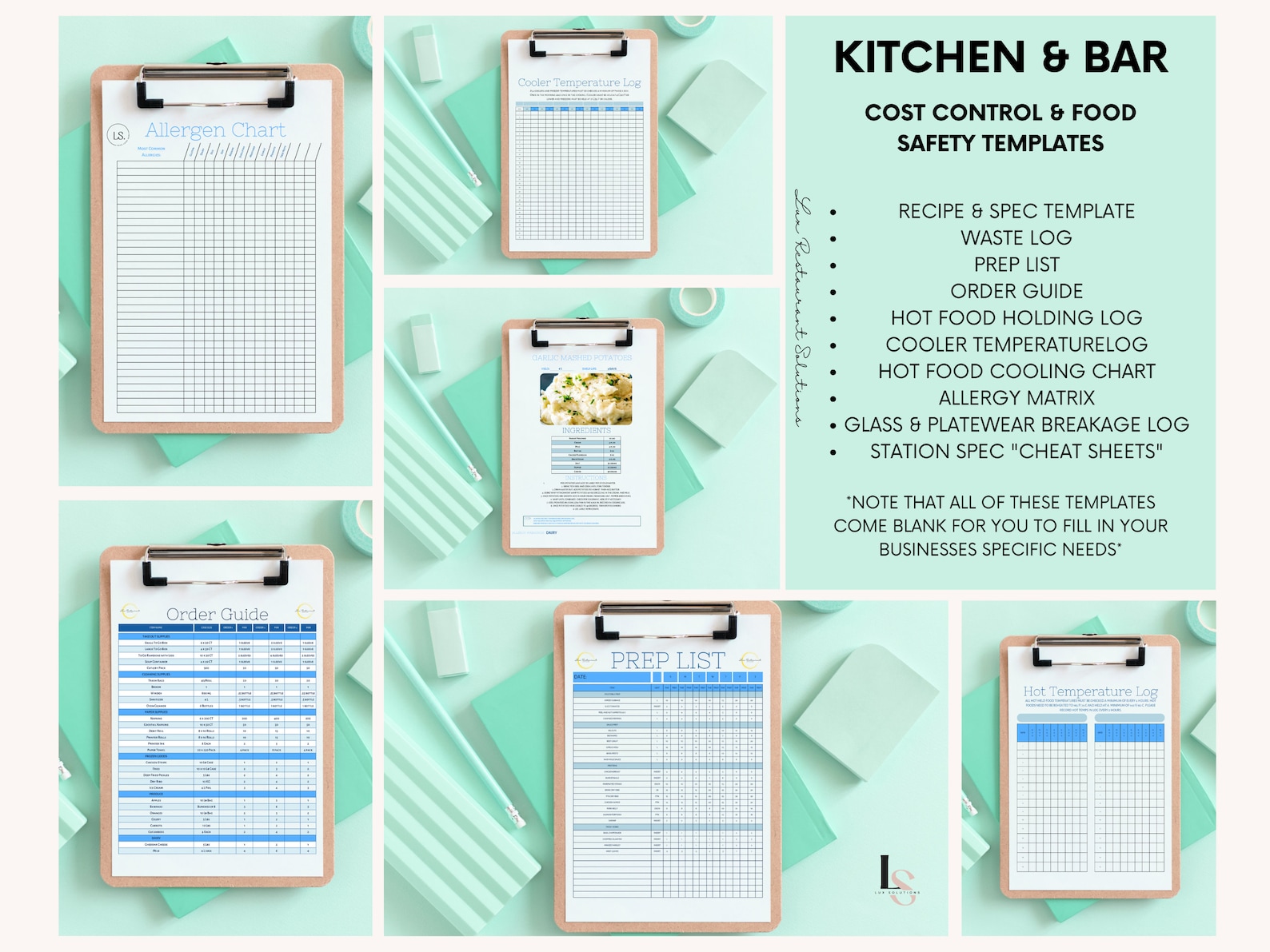 Restaurant Operations Template Bundle, Food Safety Record Sheets, Prep ...