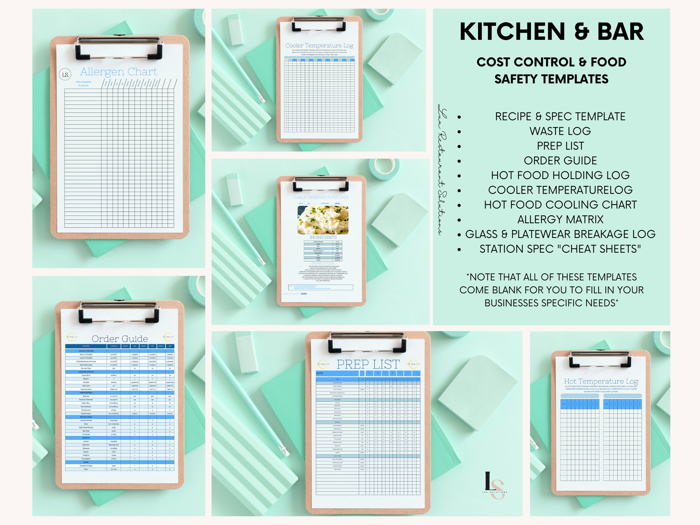 Restaurant Operations Template Bundle, Food Safety Record Sheets, Prep ...