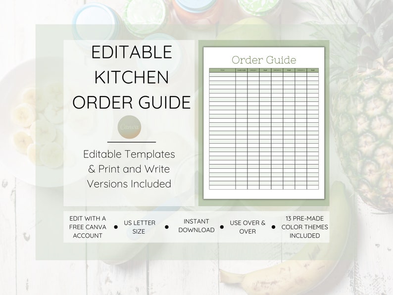 Restaurant Order Guide, Kitchen Order Guide, Par List, Editable Order ...