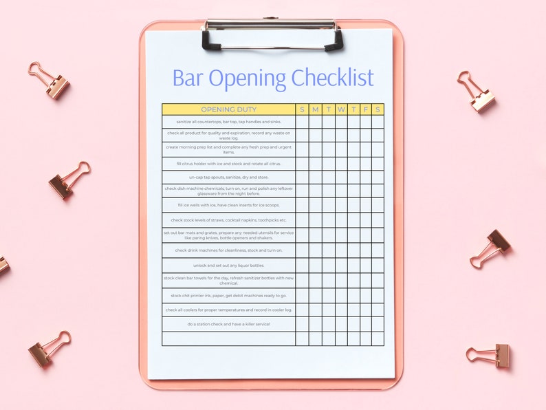 Bar Opening Checklist Restaurant Bar Cleaning List Bar - Etsy