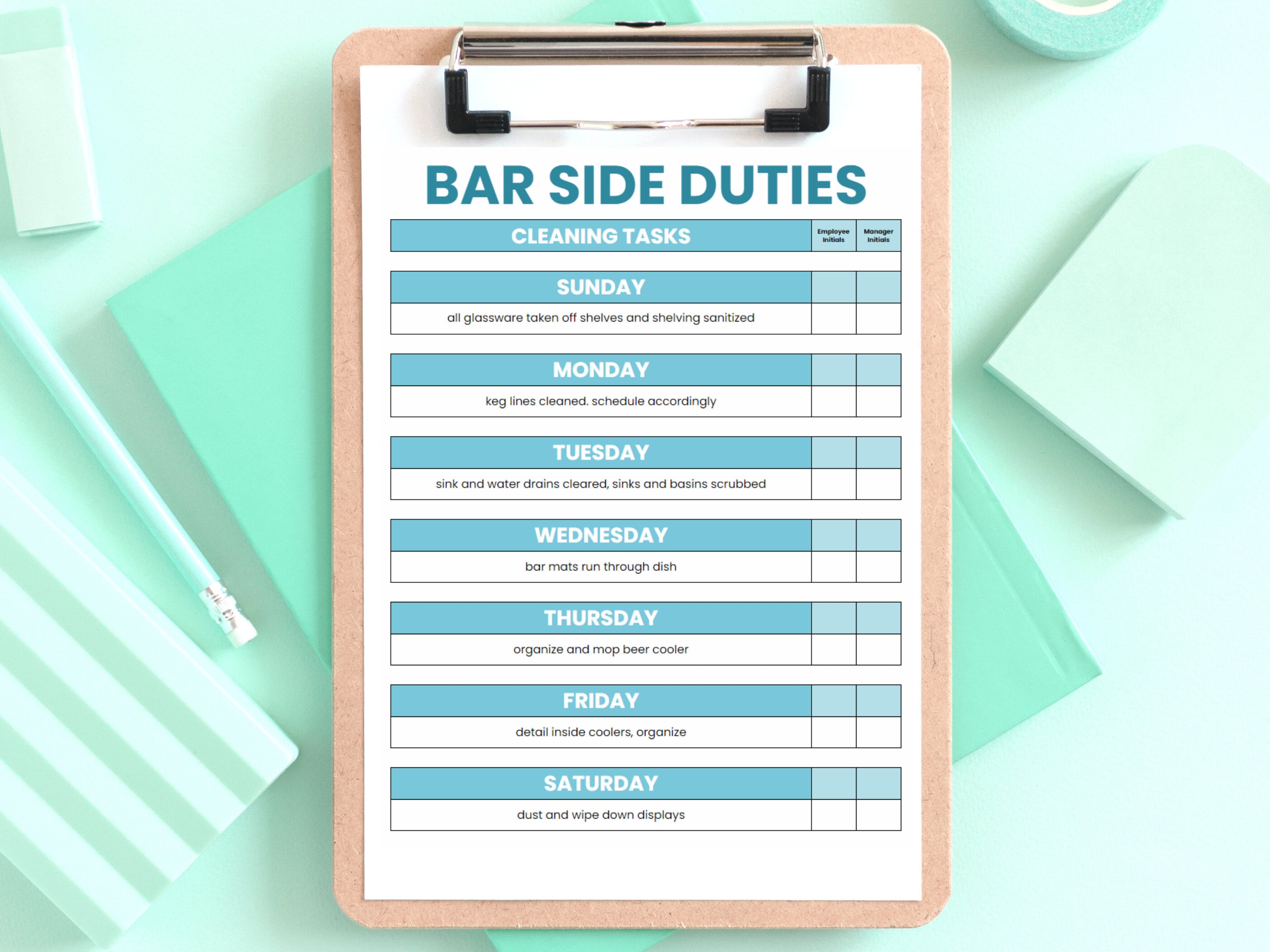 Bartenders Weekly Cleaning Checklist, Editable Template for Bar ...