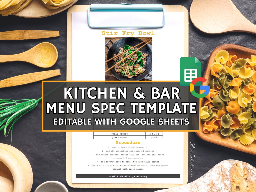 Menu Spec Sheets for Restaurants & Bars, Recipe and Menu Templates ...