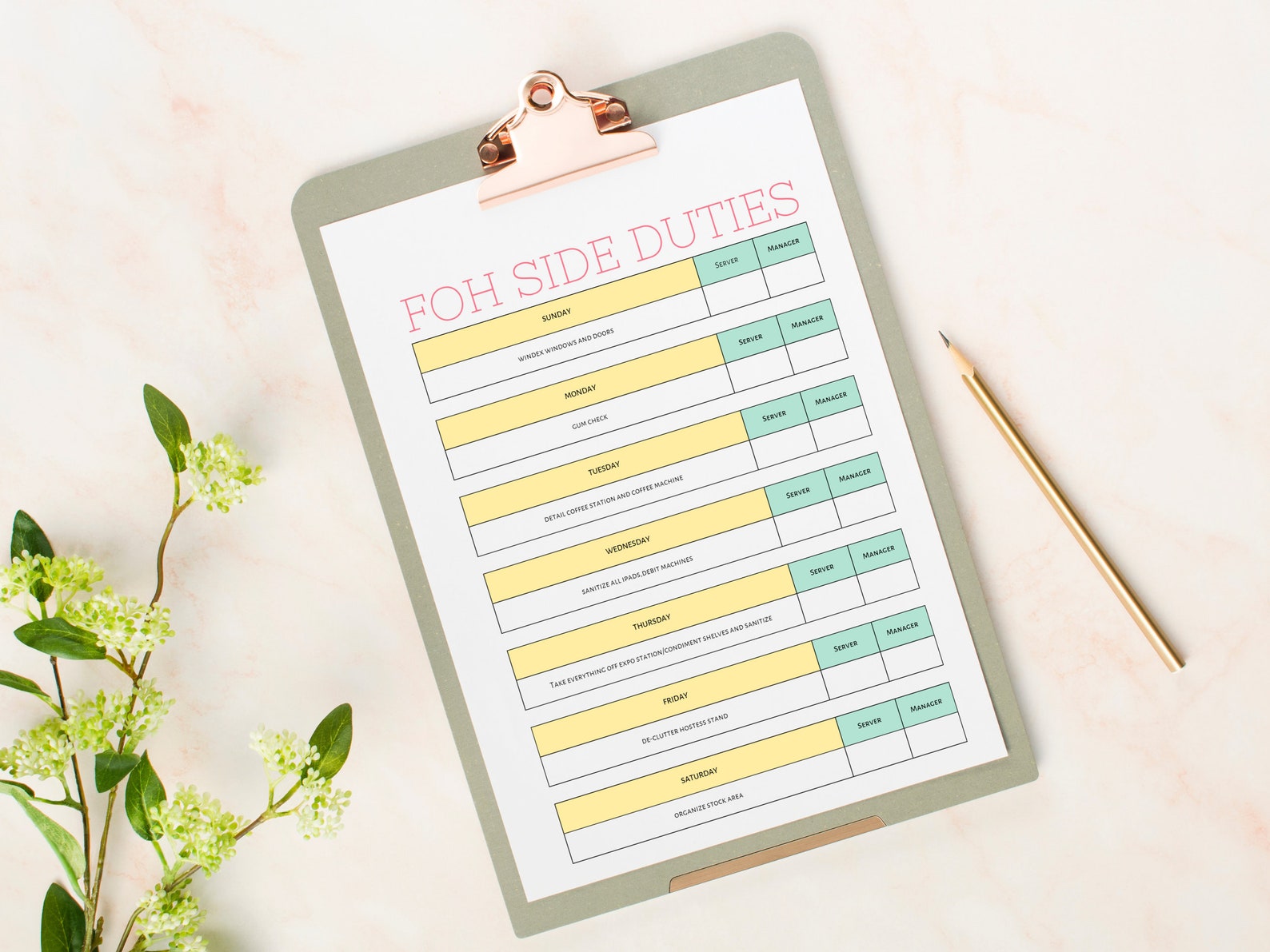 FOH Opening Checklist, Server Opening Checklist, Editable Restaurant ...