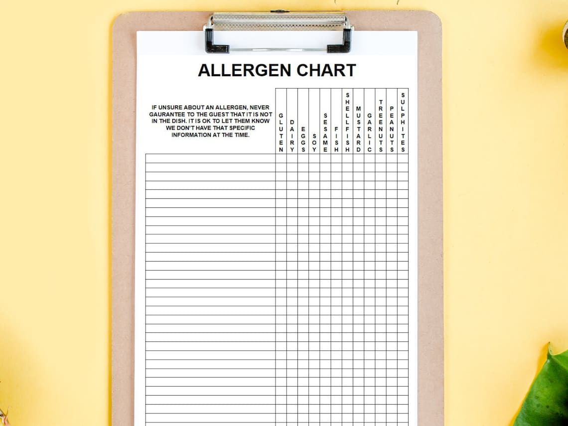 Allergen Chart for Food Service, Allergen Matrix, Editable Google ...
