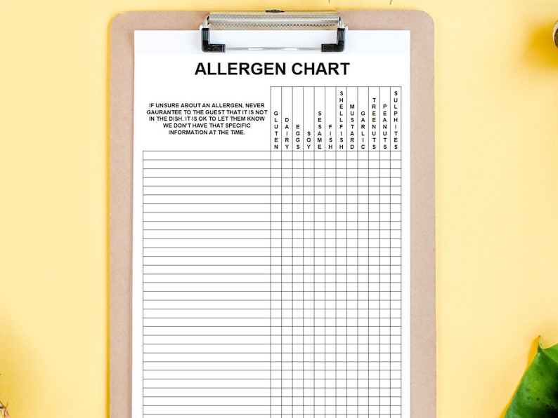 Allergen Chart for Food Service, Allergen Matrix, Editable Google ...