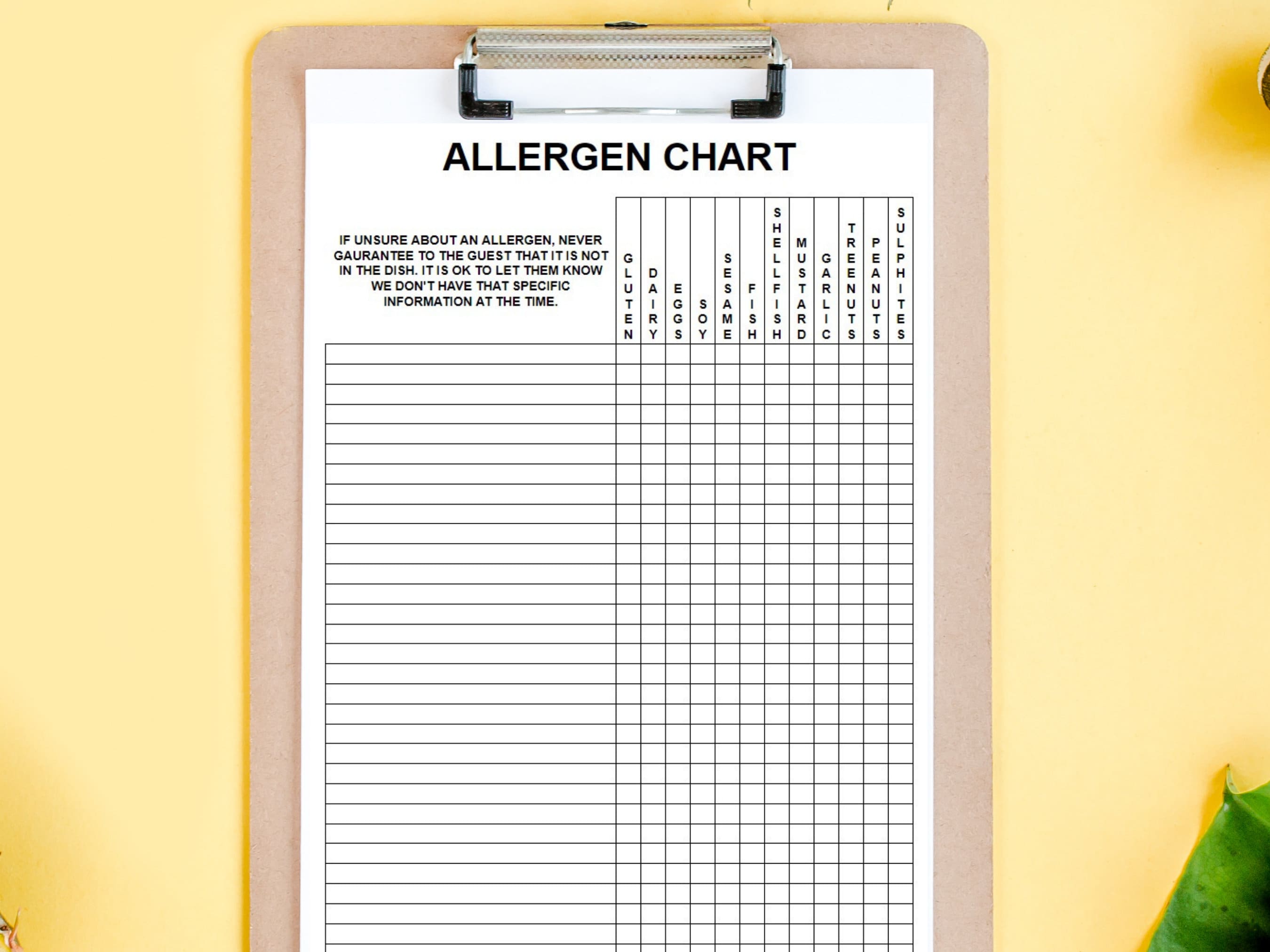 Allergen Chart for Food Service, Allergen Matrix, Editable Google ...