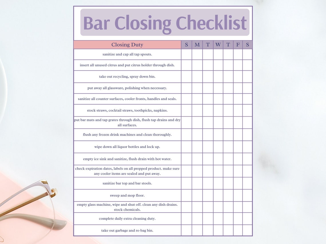 Bar Closing Checklist Restaurant Bar Cleaning List Bar - Etsy
