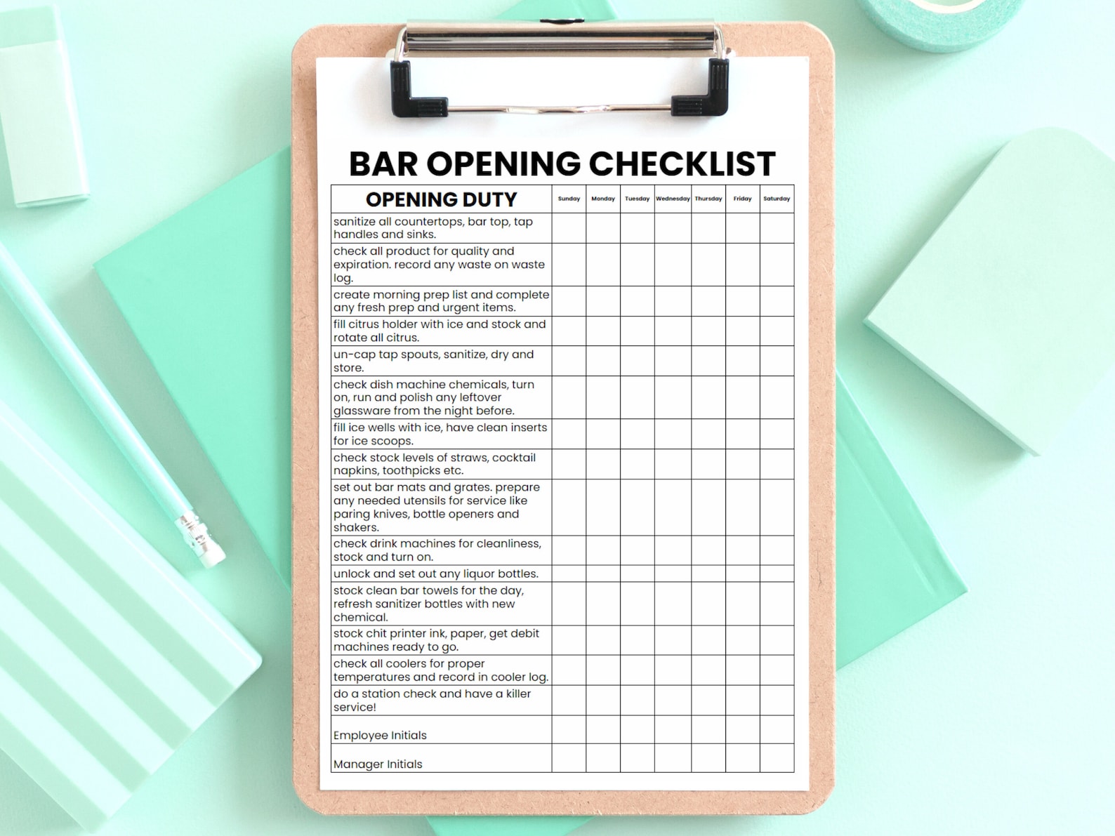 Bartenders Daily Opening Checklist, Editable Template for Bartenders ...