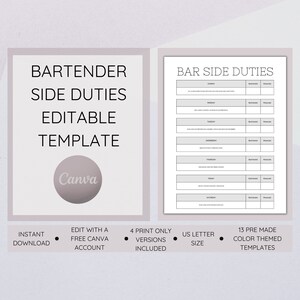 Bar Side Duties Checklist Bartender Checklist Bar Side Work - Etsy