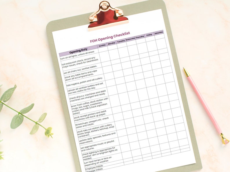 Server Opening Checklist Template, FOH Opening Checklist, Editable ...