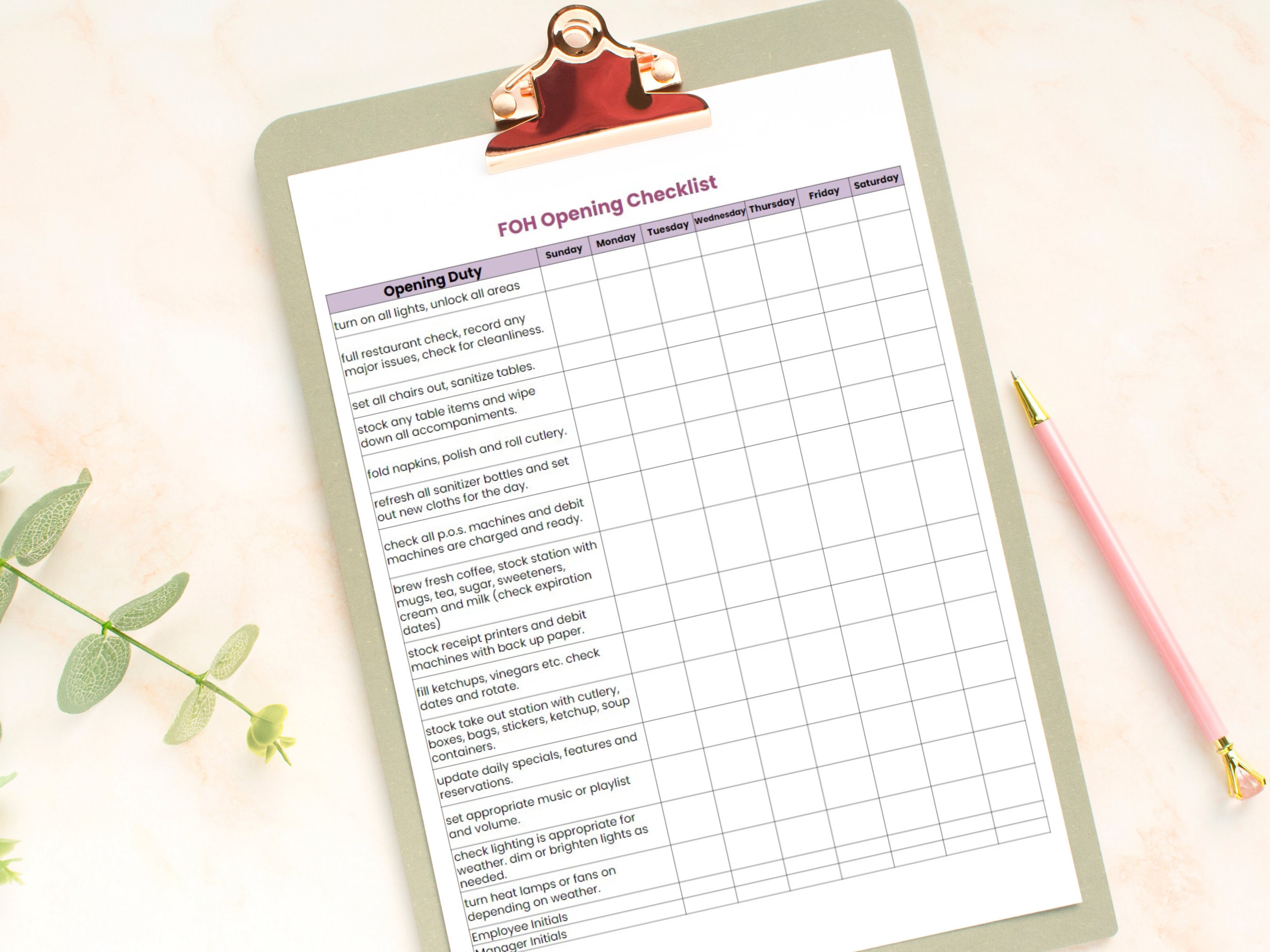 Server Opening Checklist Template, FOH Opening Checklist, Editable ...