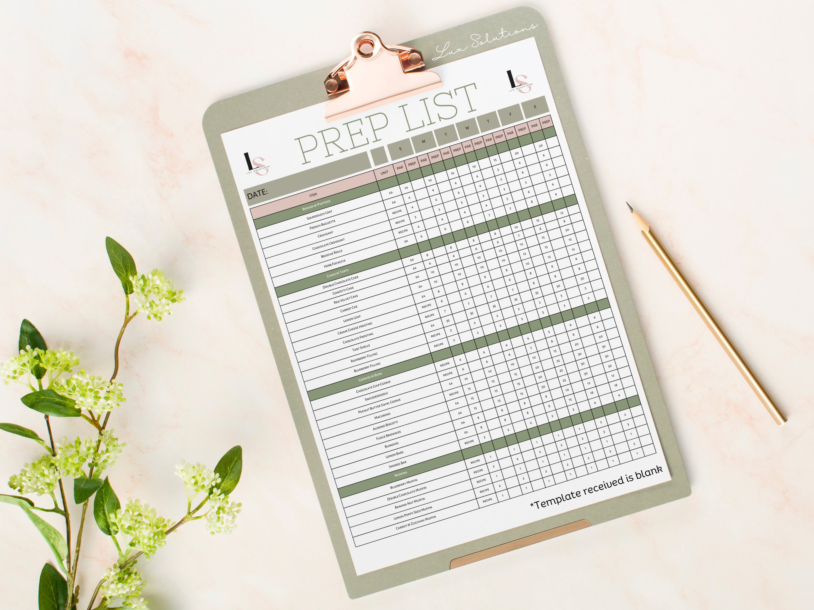 Bakery Prep List, Editable Daily Prep List for Bakeries, Par List for ...