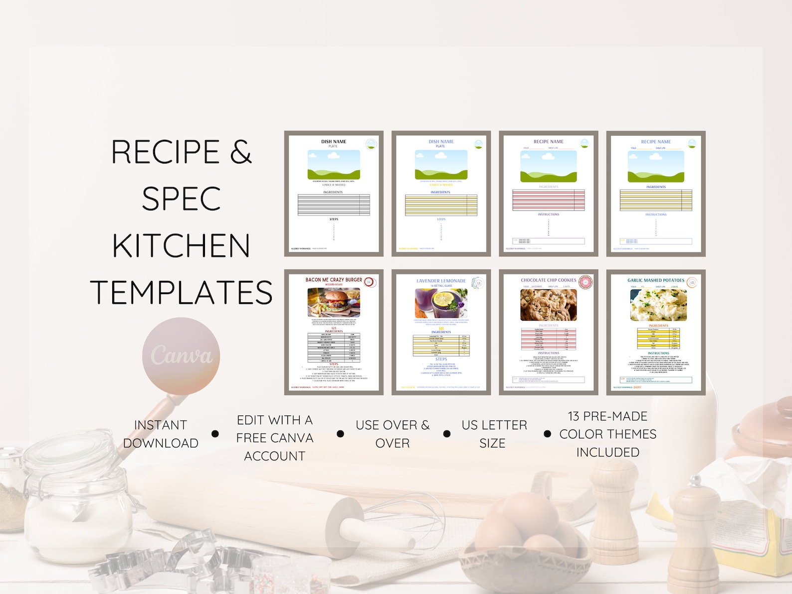 Recipe and Spec Templates for Restaurants, Editable Canva Templates, 13 ...