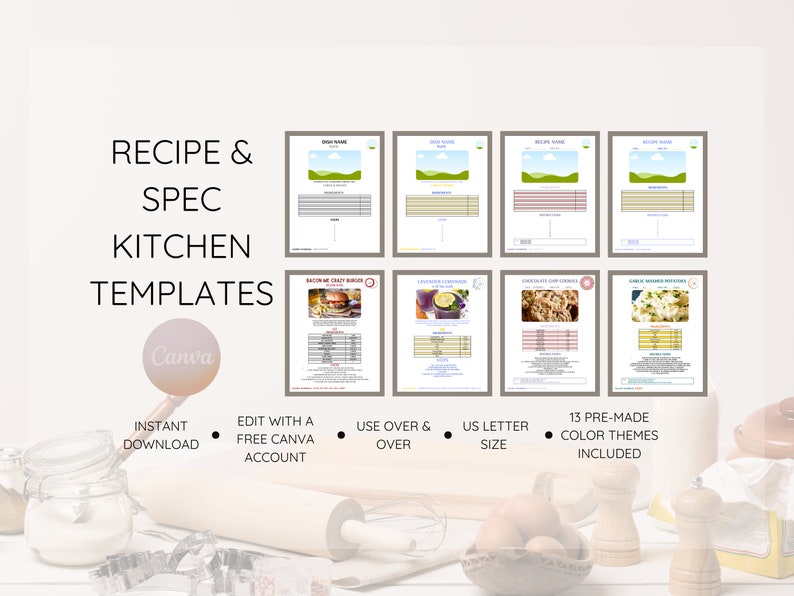 Recipe and Spec Templates for Restaurants, Editable Canva Templates, 13 ...