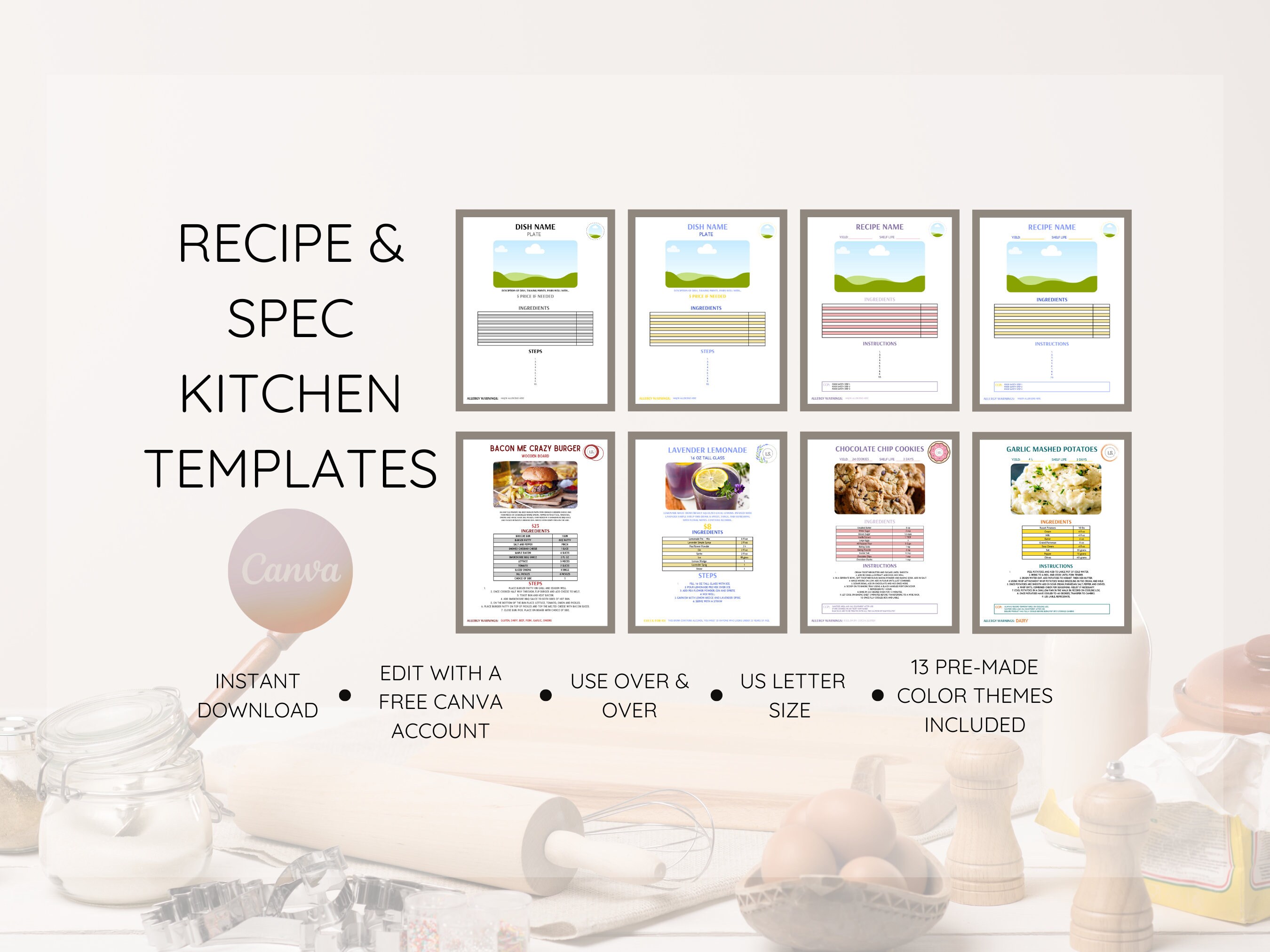 Recipe and Spec Templates for Restaurants, Editable Canva Templates, 13 ...