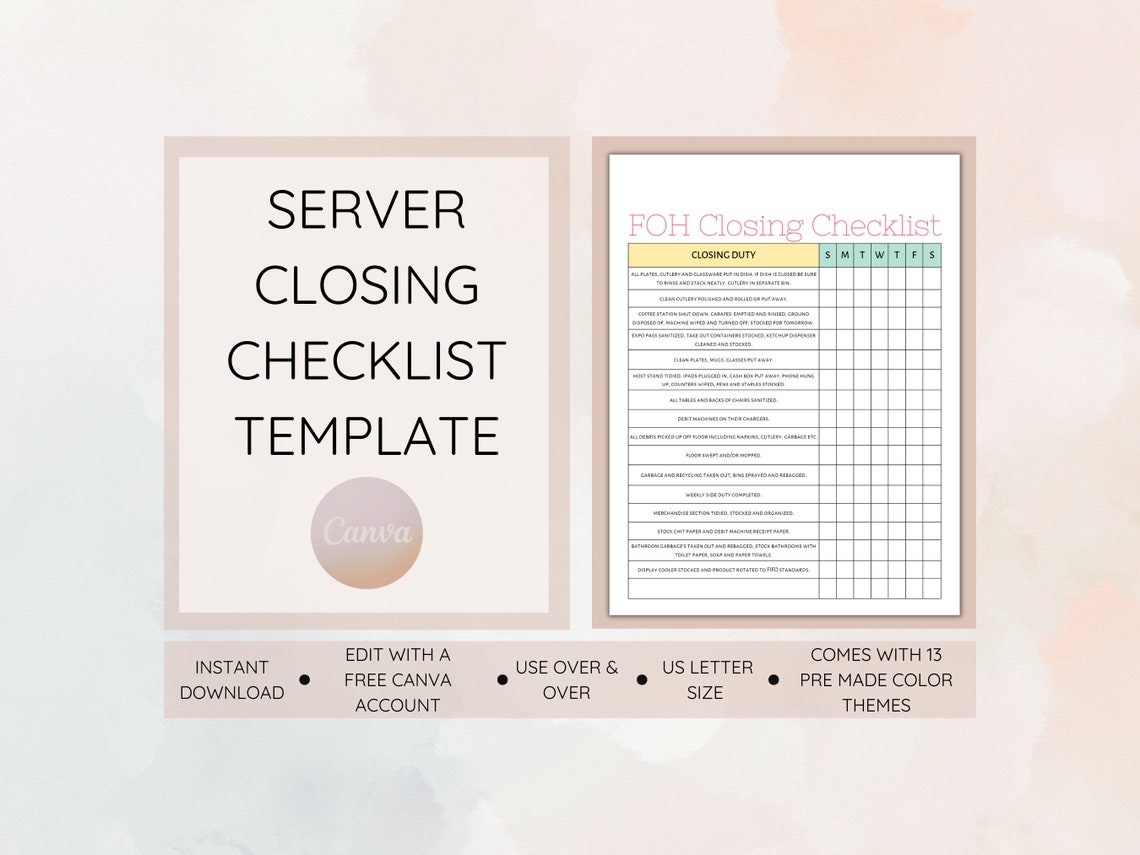 FOH Closing Checklist Template, Server Closing Checklist, Editable ...