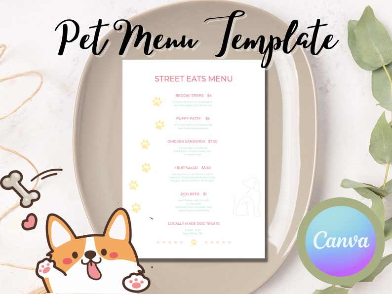 Pet Menu Template, Dog Menu for Restaurants or Events, Canva Dog Menu ...