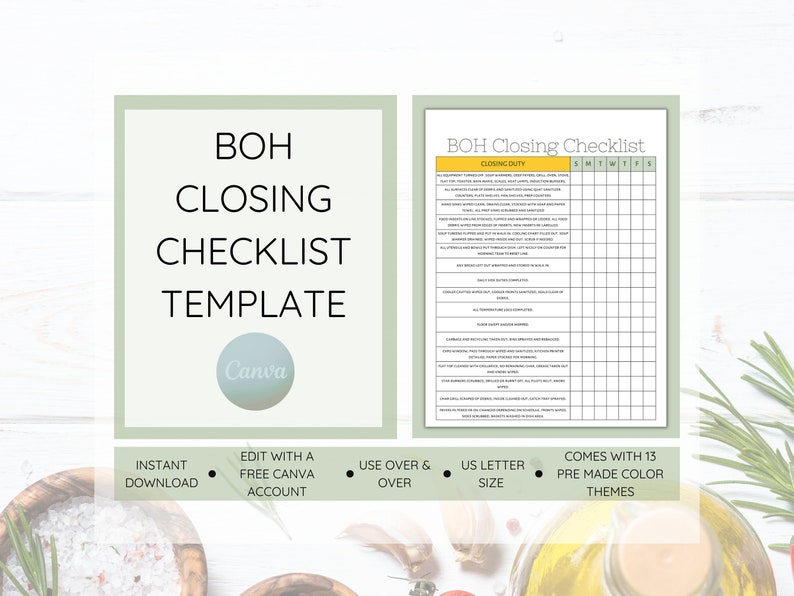 BOH Closing Checklist Template, Editable Kitchen Template for ...