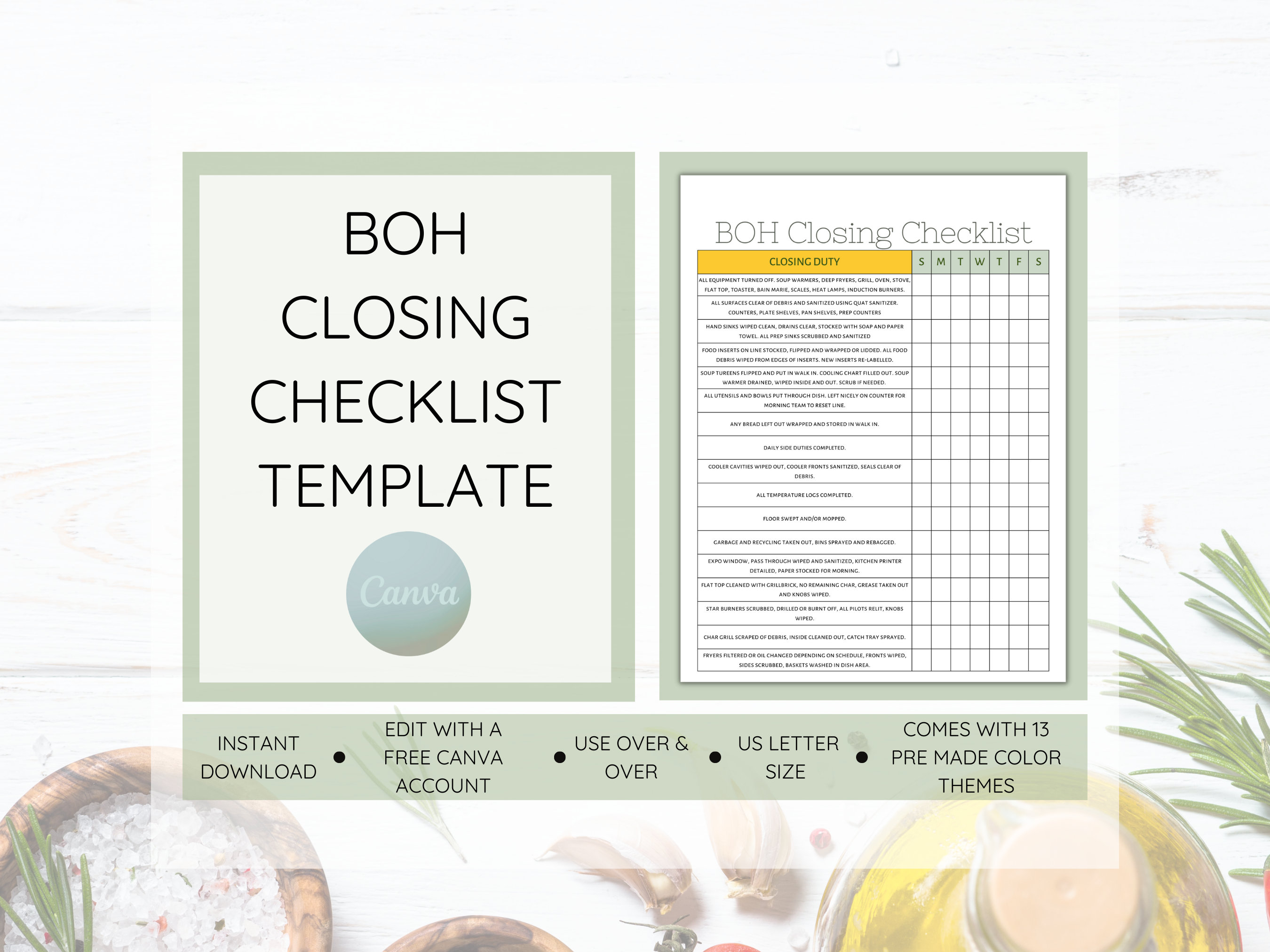 BOH Closing Checklist Template, Editable Kitchen Template for ...