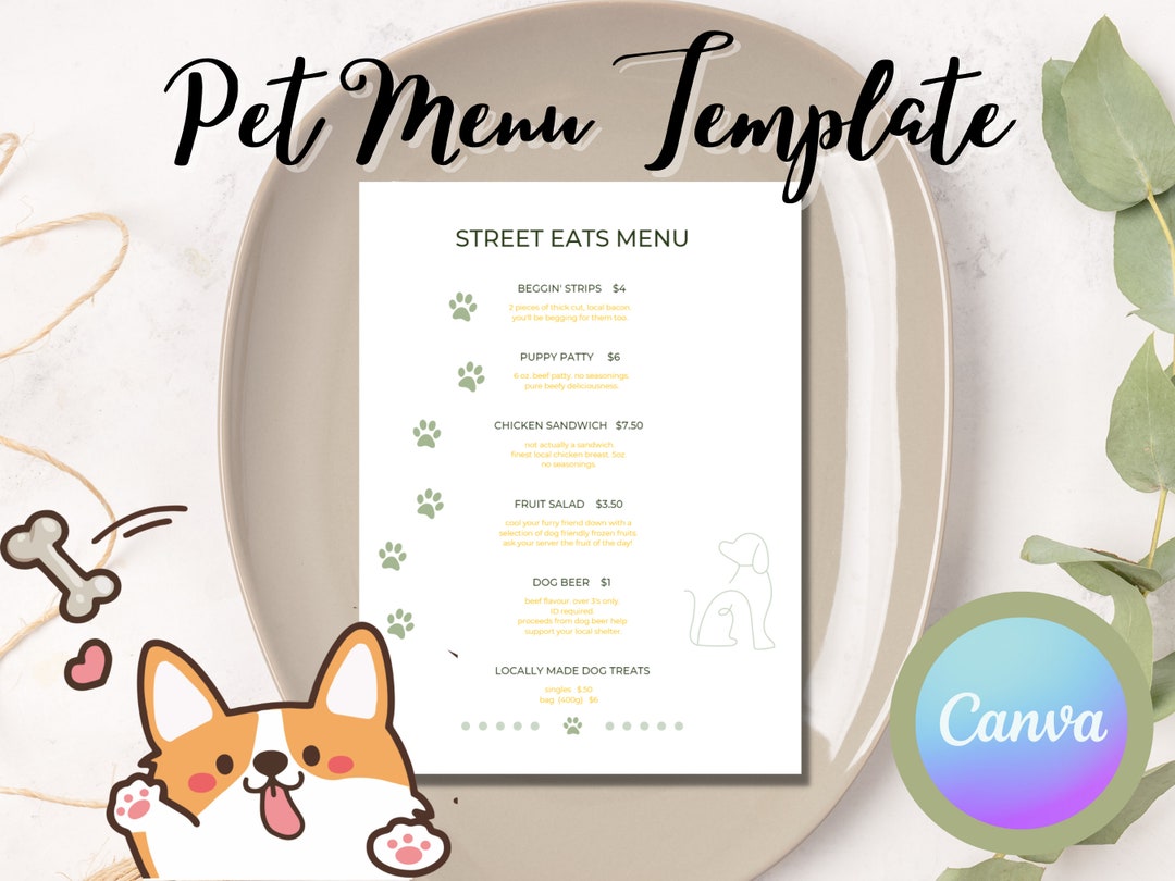 Pet Menu Template, Dog Menu for Restaurants or Events, Canva Dog Menu ...