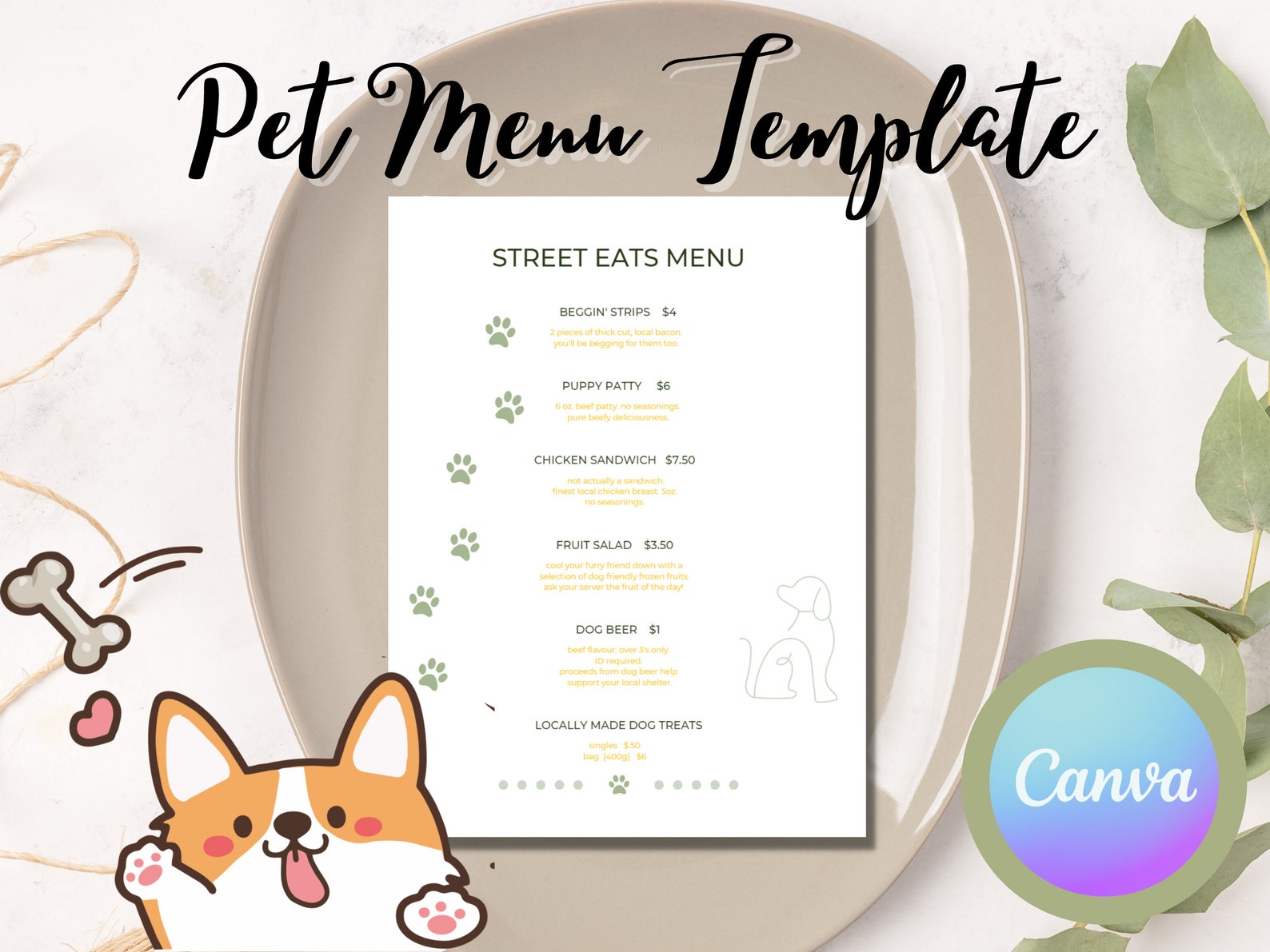 Pet Menu Template, Dog Menu for Restaurants or Events, Canva Dog Menu ...