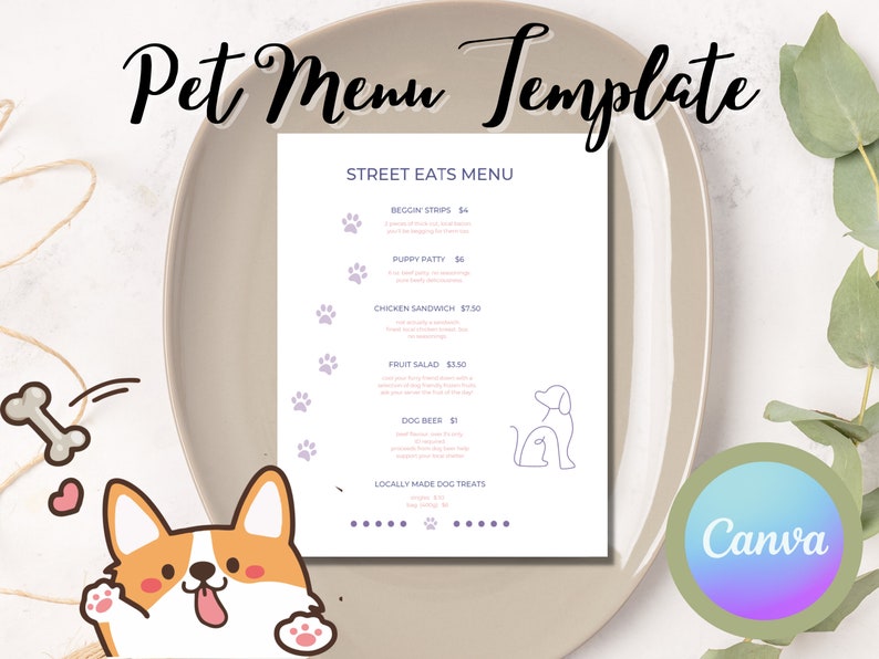Pet Menu Template, Dog Menu for Restaurants or Events, Canva Dog Menu ...