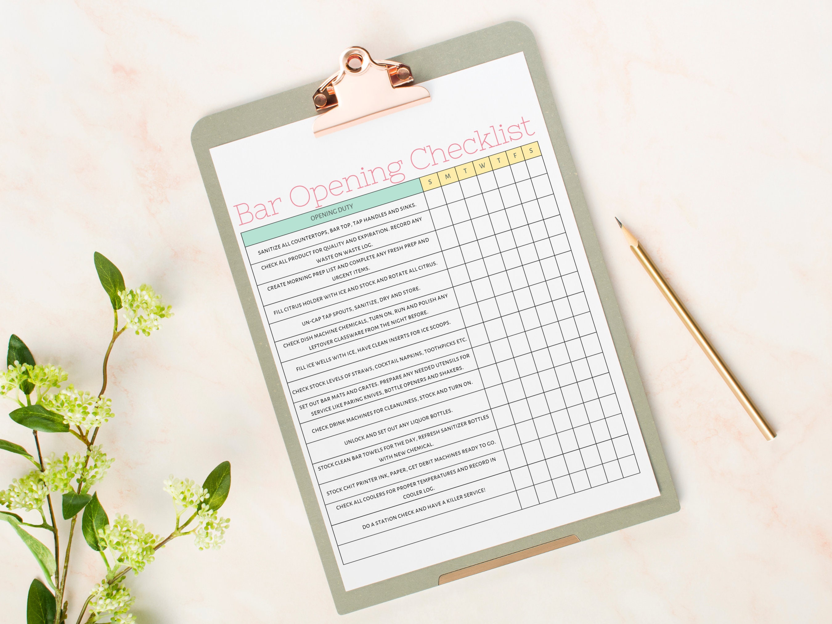 Bar Opening Checklist Restaurant Bar Cleaning List Bar - Etsy