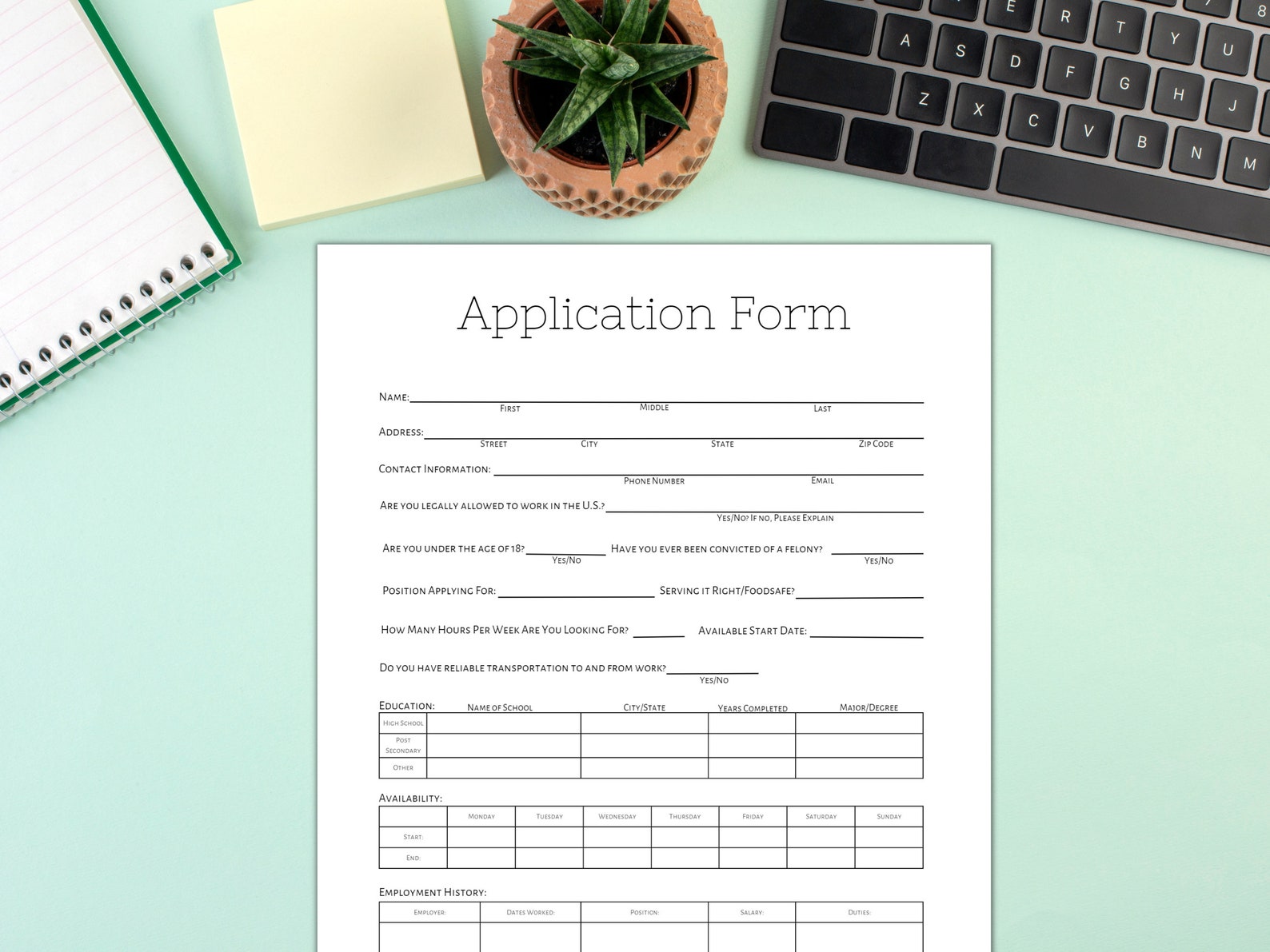 Restaurant Application Form Editable Application Template - Etsy