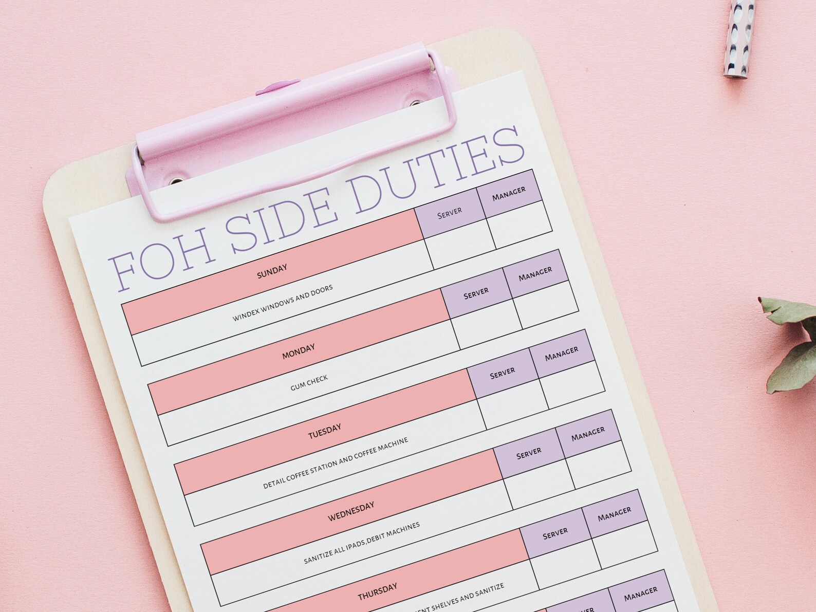 Restaurant Side Duty Template Bundle, Extra Cleaning Lists, Edit Free ...
