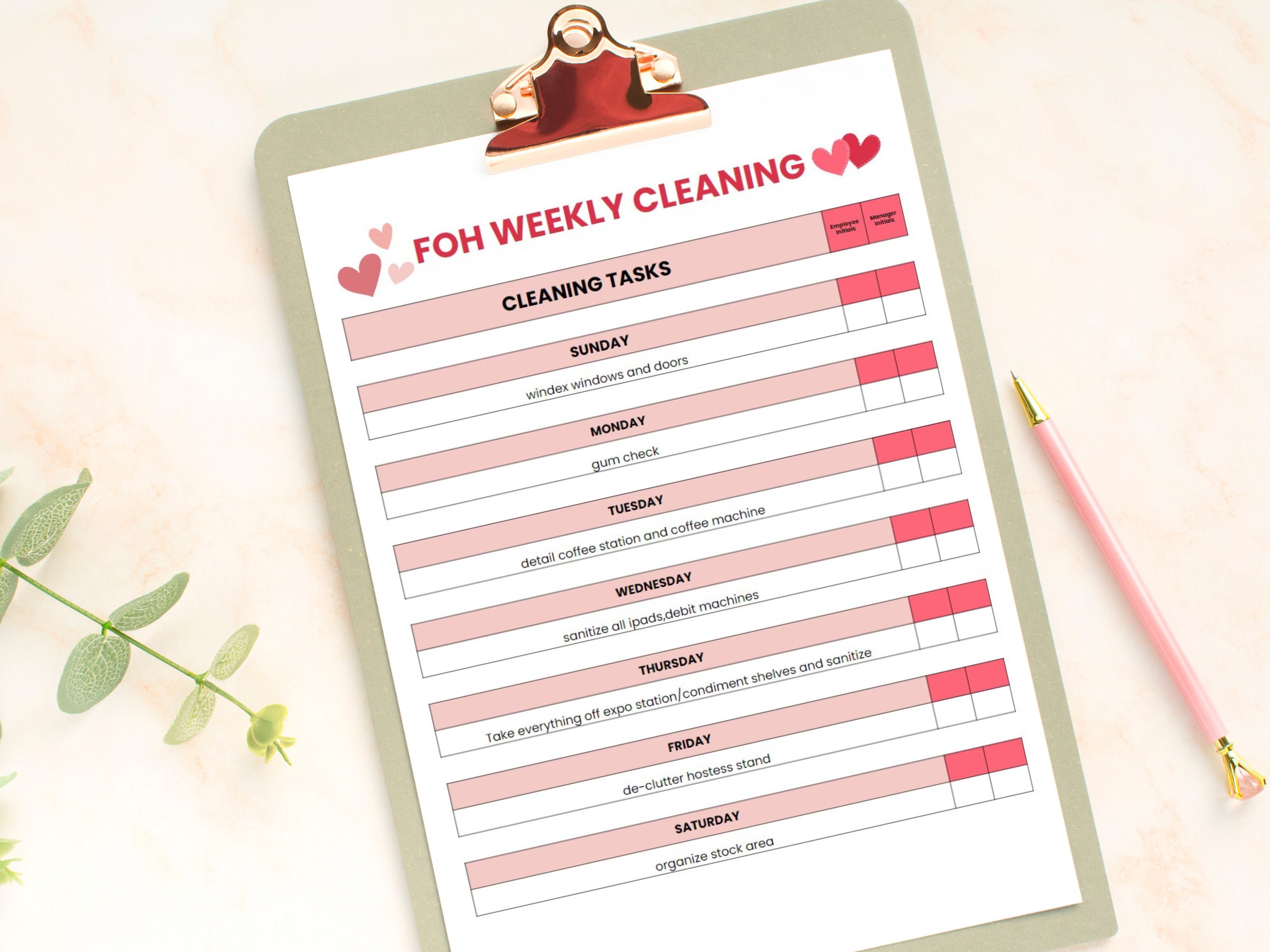 Server Extra Cleaning Checklist, Server Weekly Cleaning Checklist ...