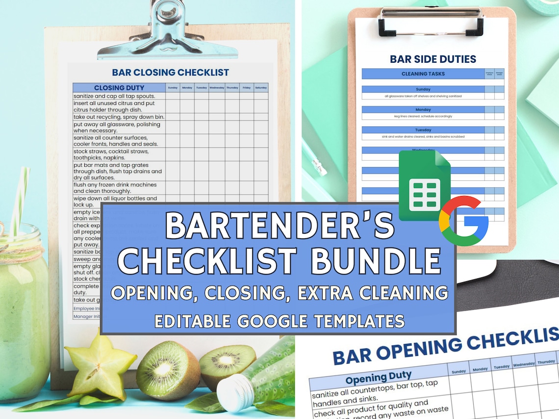 Bar Checklist Bundle, Editable Templates for Bartenders, Opening ...