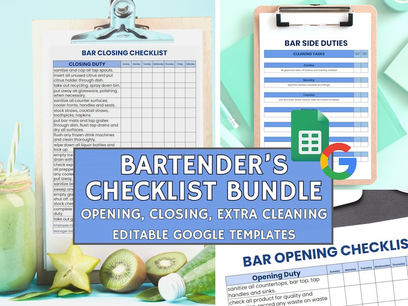 Bar Checklist Bundle, Editable Templates for Bartenders, Opening ...
