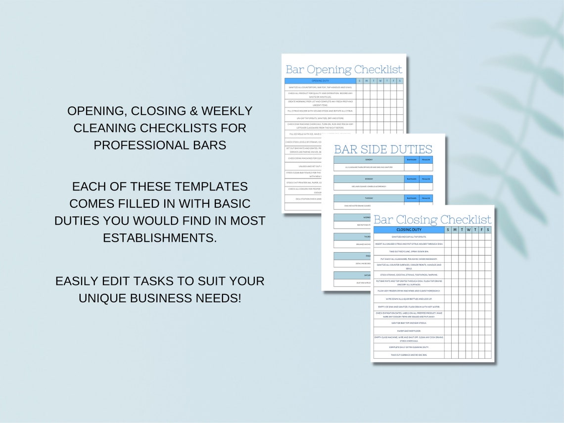 Bartender Checklist Bundle, Editable Bar Checklist Bundle, Opening, Closing, Cleaning List ...