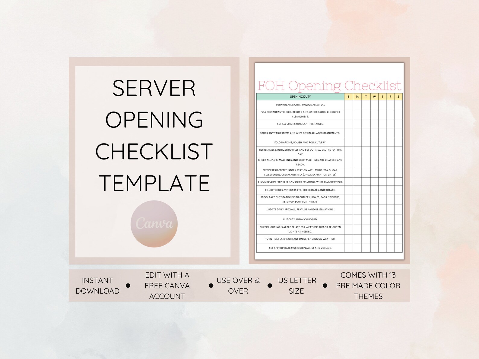 FOH Opening Checklist Server Opening Checklist Editable - Etsy