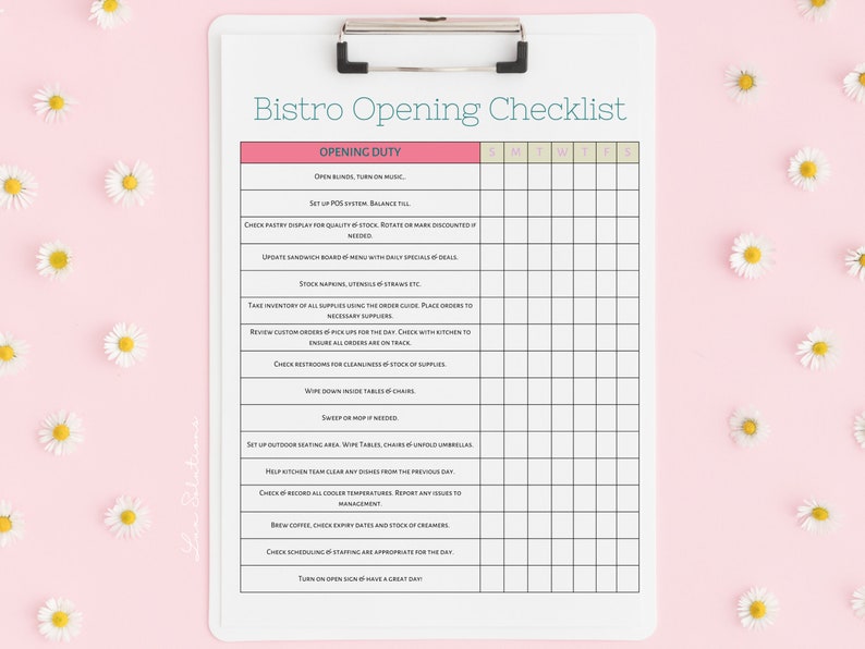 Bistro / Bakery Daily Opening Checklist, Editable Template for Bakeries ...