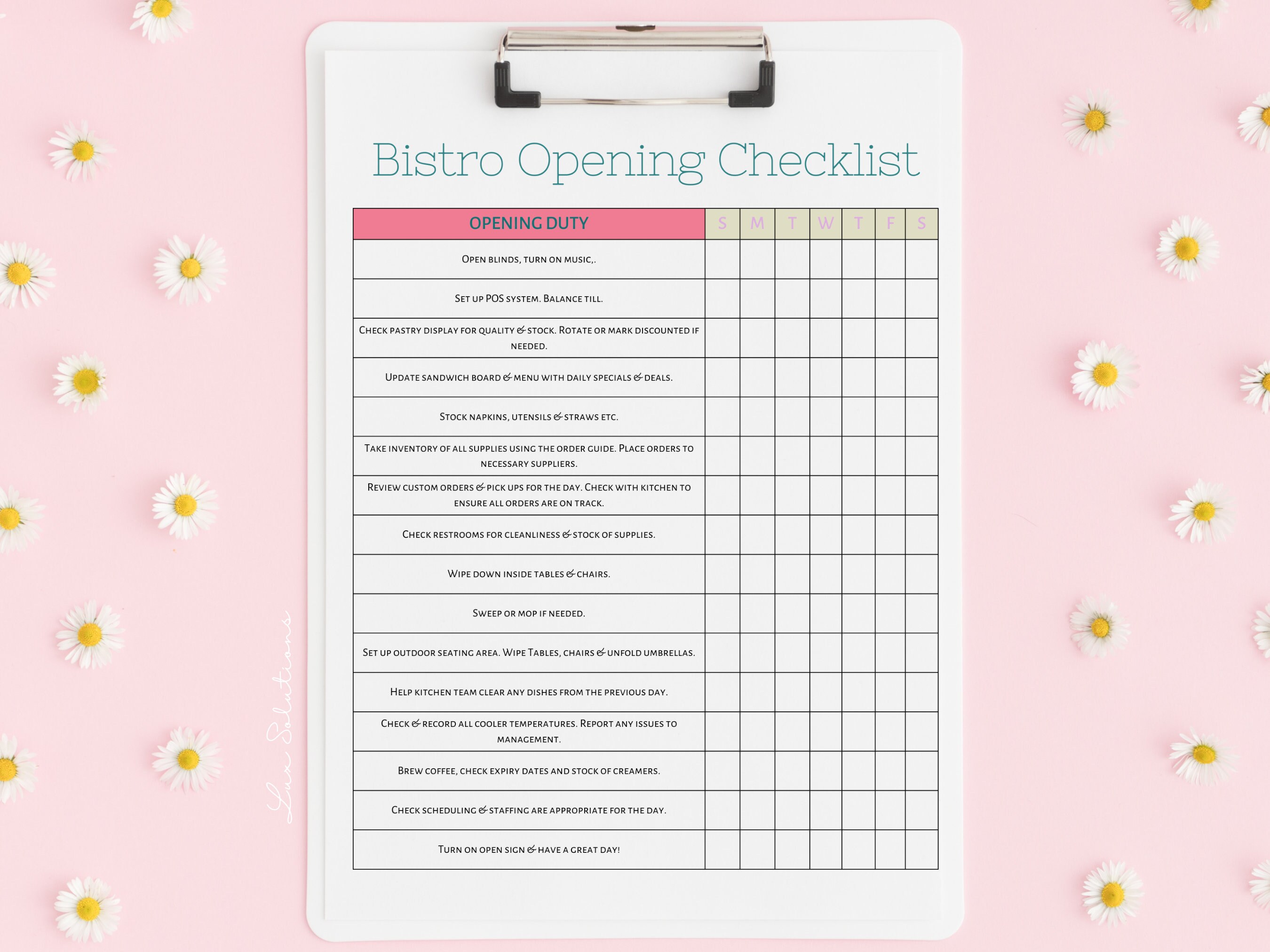 Bistro / Bakery Daily Opening Checklist, Editable Template for Bakeries ...