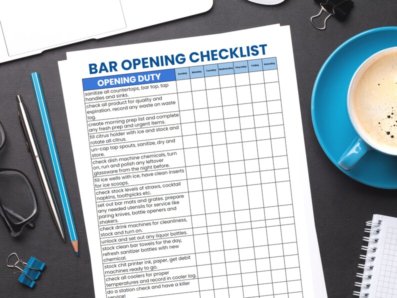 Bartenders Daily Opening Checklist, Editable Template for Bartenders ...
