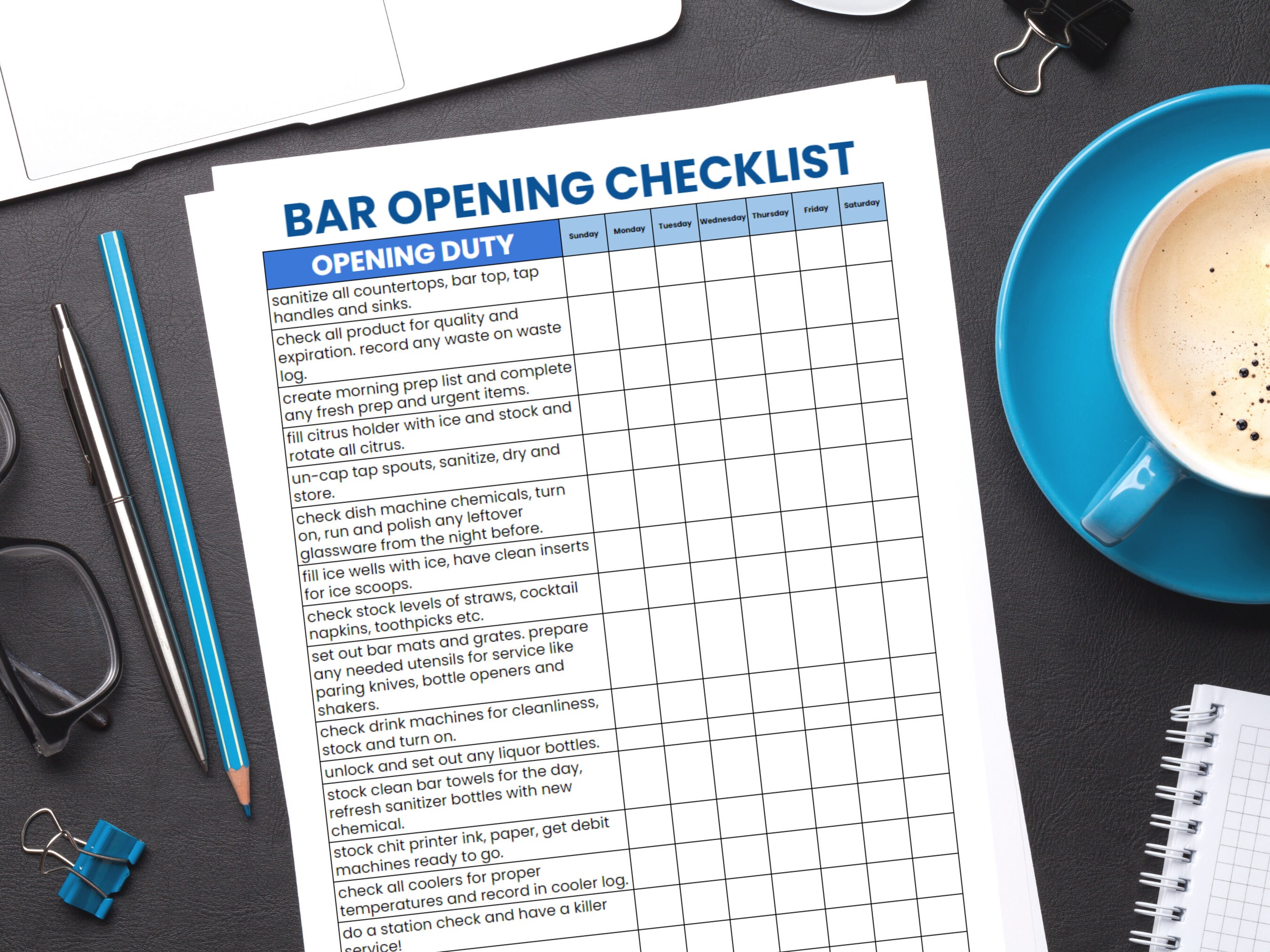 Bartenders Daily Opening Checklist, Editable Template for Bartenders ...
