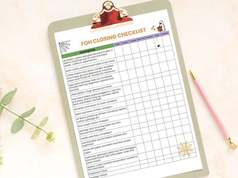 Server Closing Checklist Template, Editable Serving Checklist ...