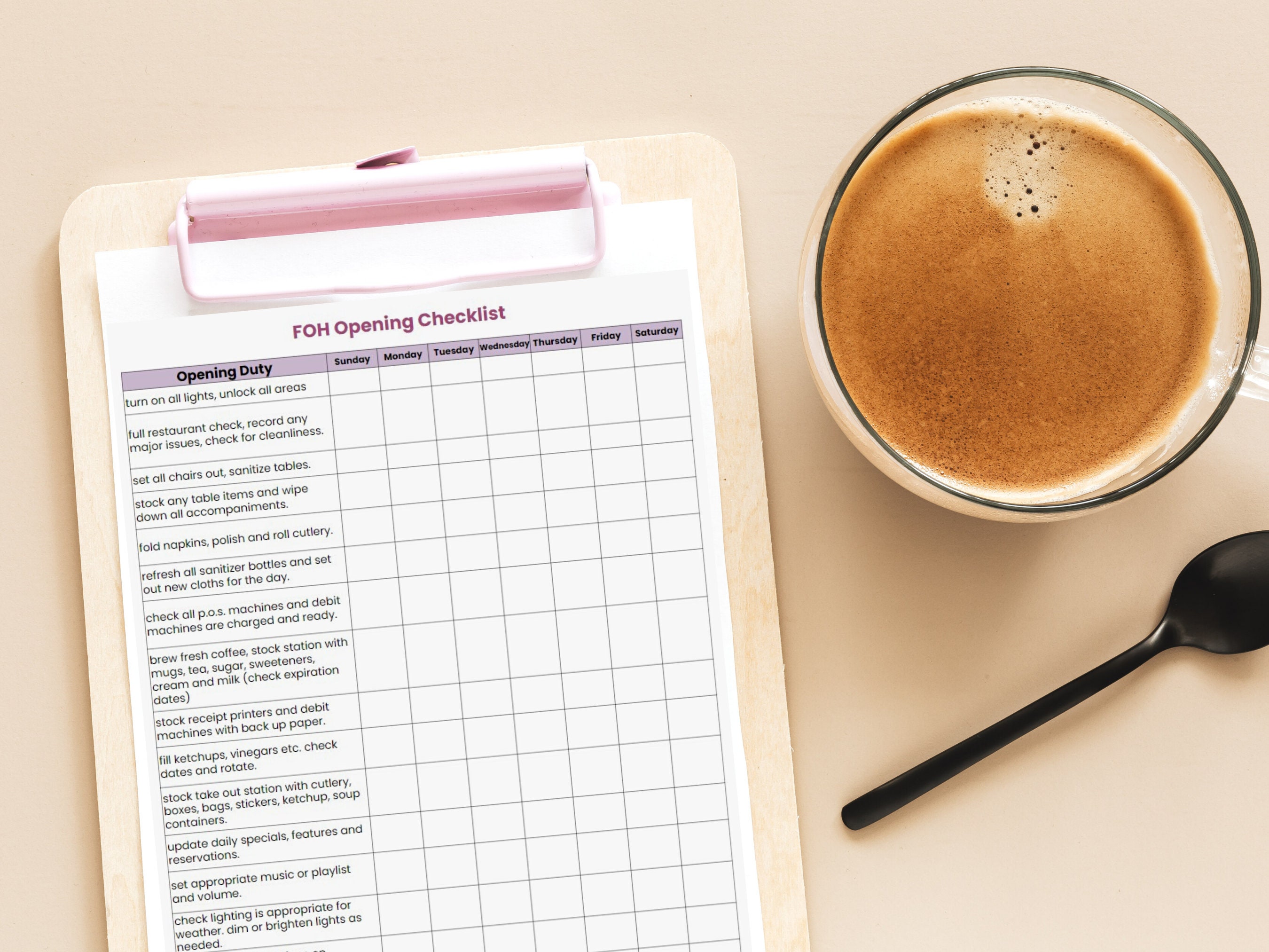 Server Opening Checklist Template, FOH Opening Checklist, Editable ...