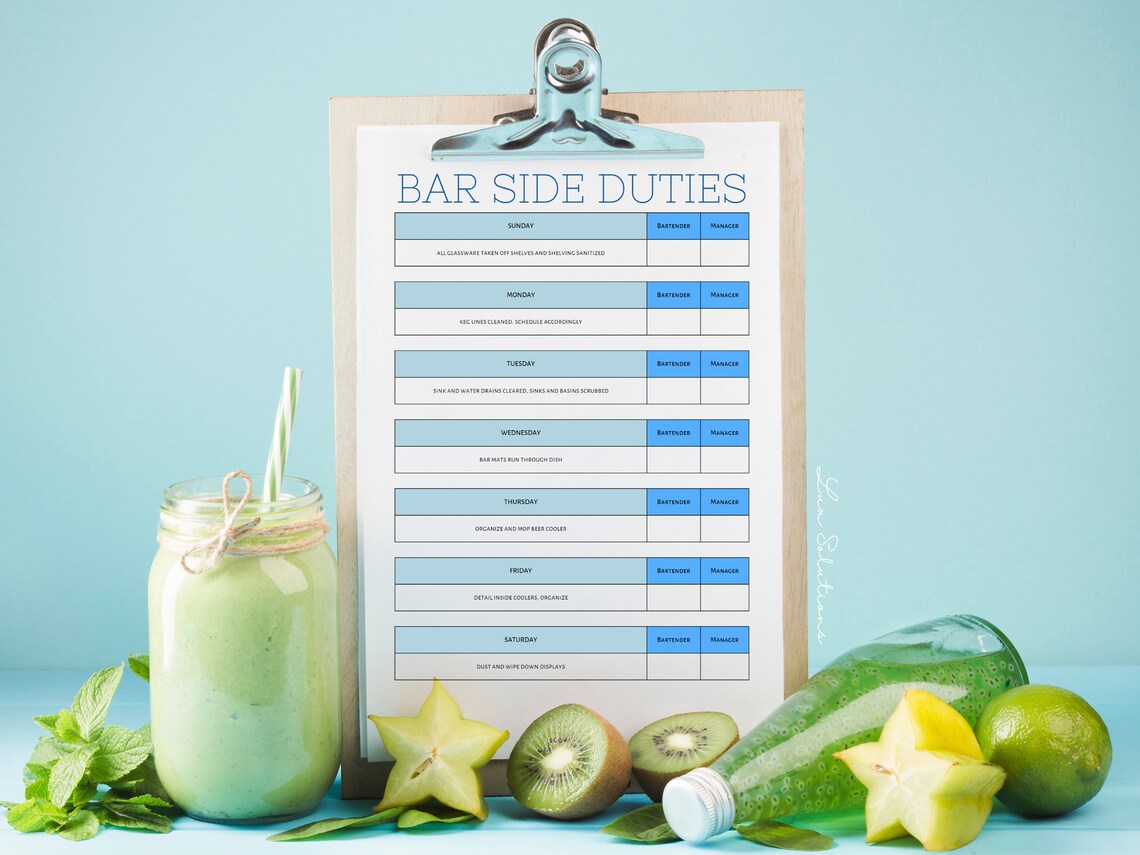 Bar Side Duties Checklist, Bartender Checklist, Bar Side Work Template ...