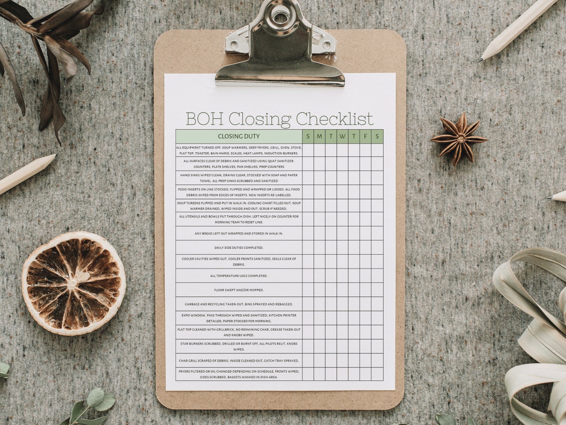 BOH Closing Checklist Template Editable Kitchen Template for - Etsy