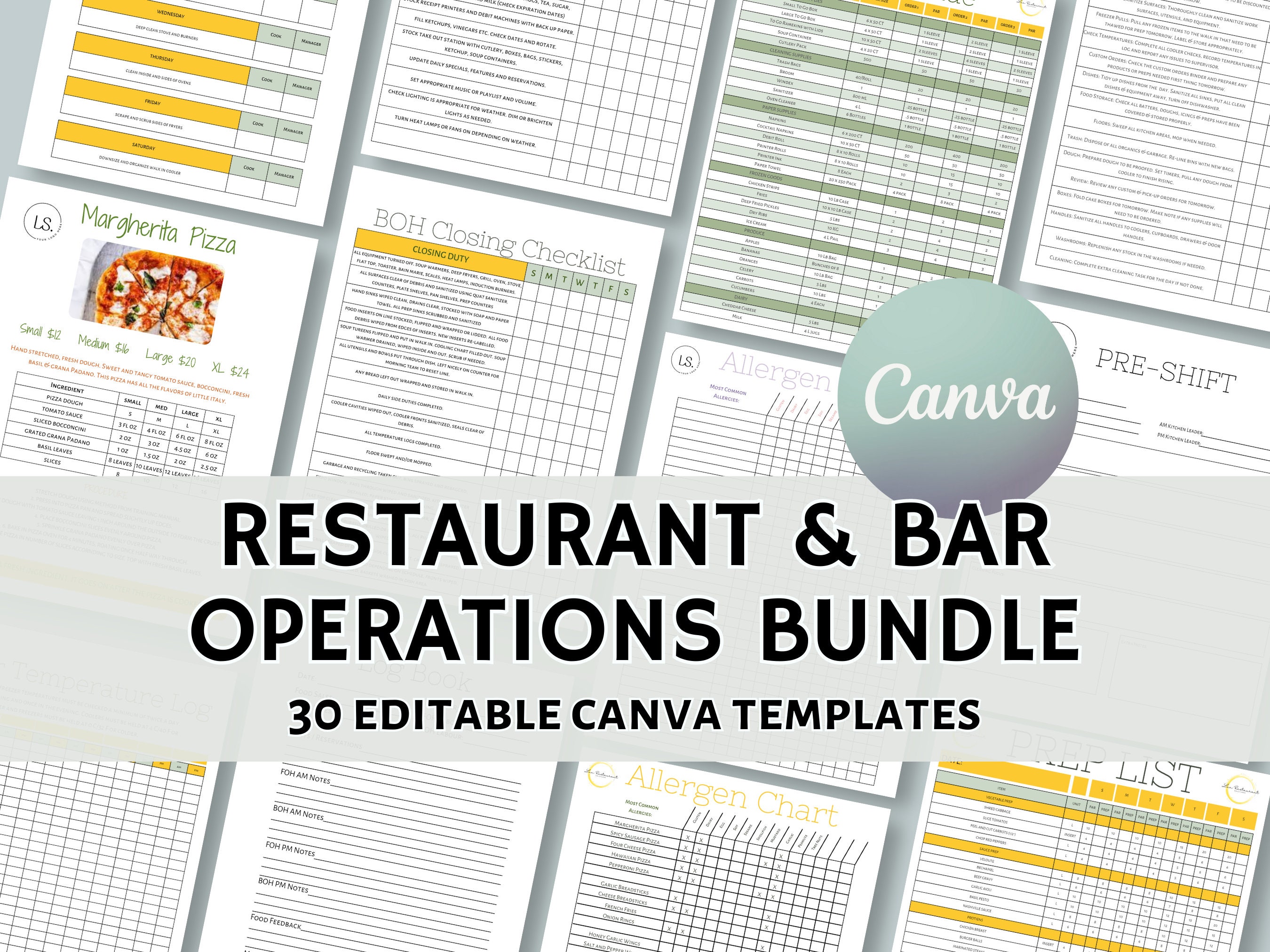 Restaurant Operations Template Bundle, Food Safety Record Sheets, Prep ...