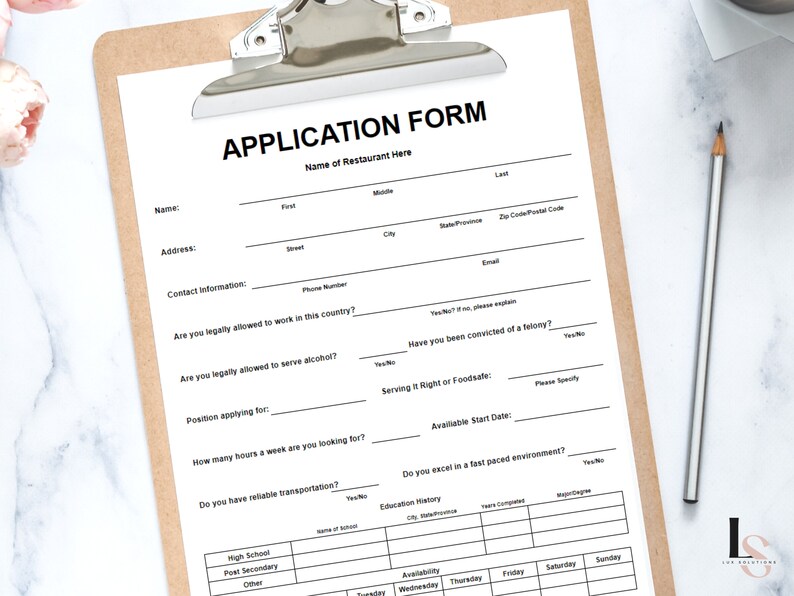 Restaurant Application Form, Editable Application Template, Microsoft ...