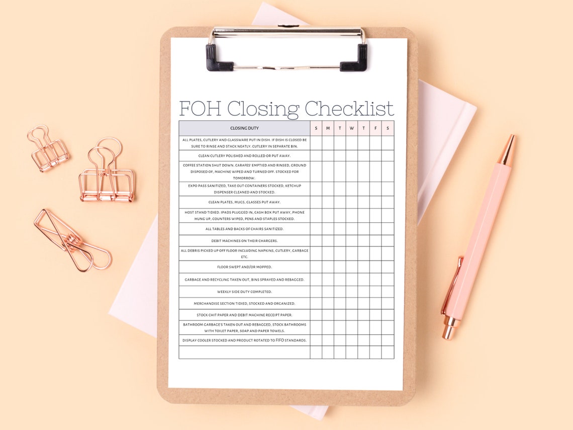 FOH Closing Checklist Template, Server Closing Checklist, Editable ...