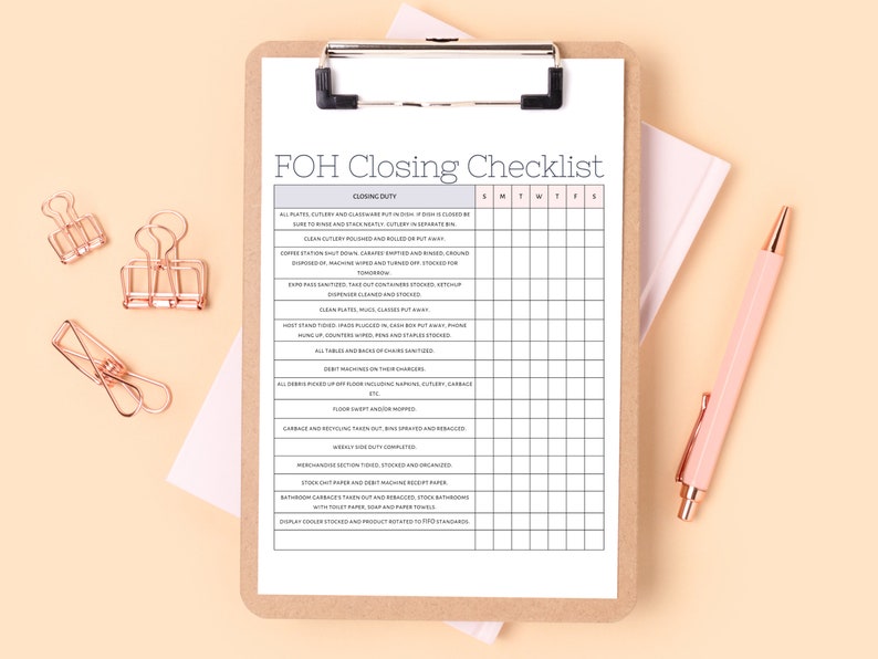 FOH Closing Checklist Template, Server Closing Checklist, Editable ...