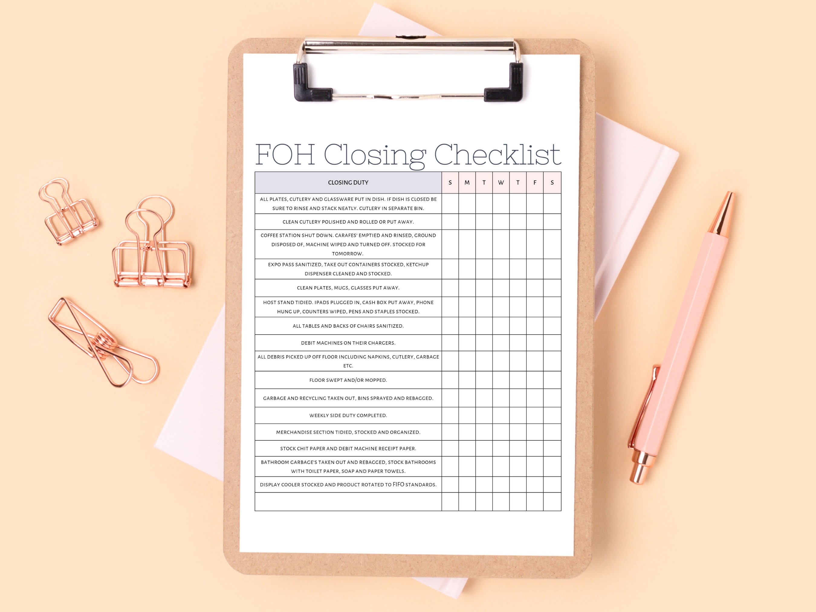 FOH Closing Checklist Template, Server Closing Checklist, Editable ...